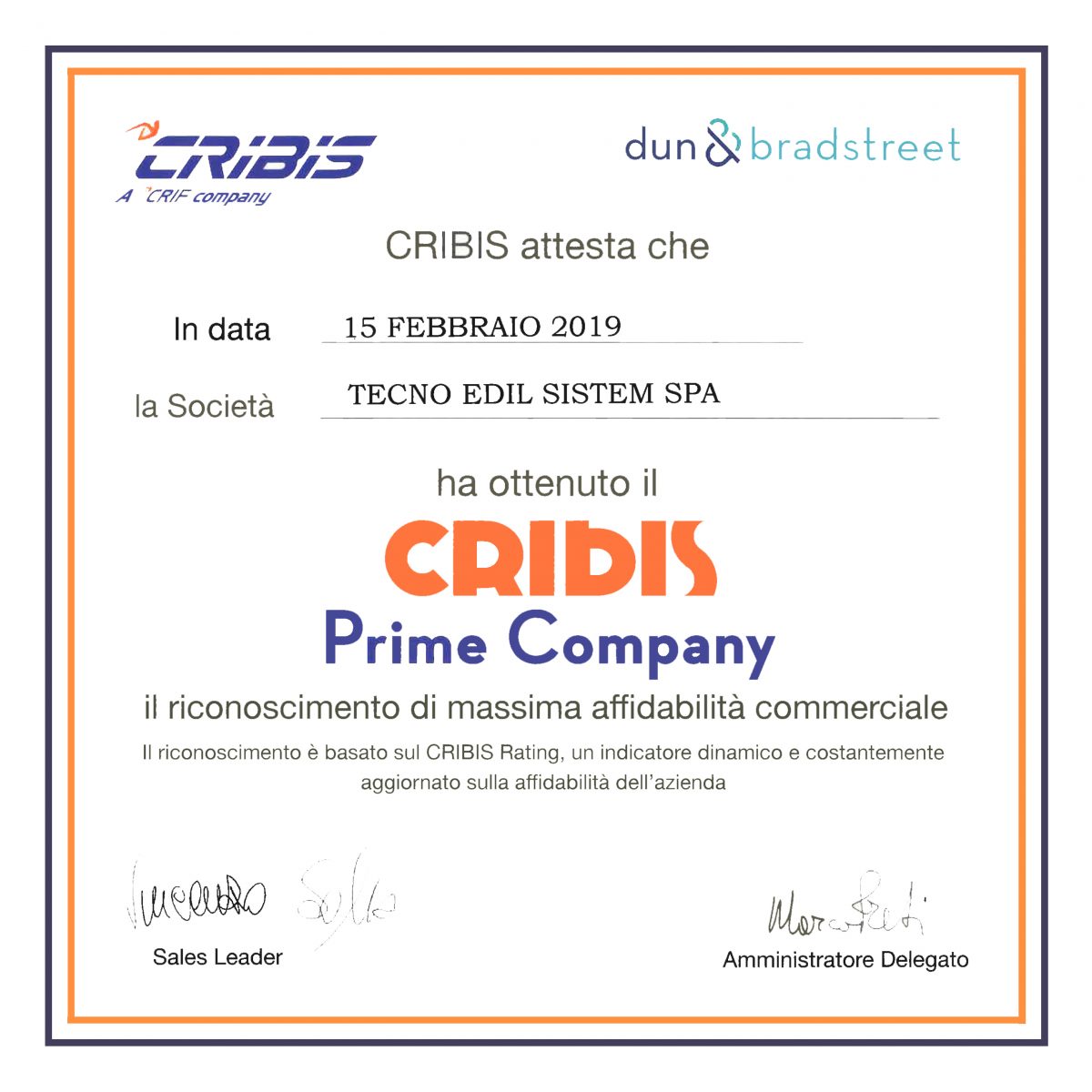 "CRIBIS PRIME COMPANY" | Tecnoedilsistem